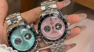 41MM Retro Racing Automatic Chronograph Watch, Turquoise & Pink Dial 200M Waterproof Unisex Sports W