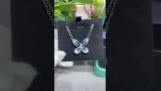 Pink Gradient Crystal Butterfly Pendant Necklace Silver Tone Women Jewelry