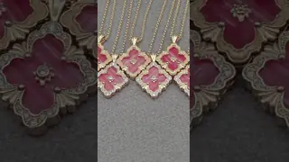 Vintage Pink Clover Pendant Necklace 14K Gold Plated Women Fashion Jewelry