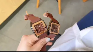 Rose Gold Square Wrist Watch Brown Rubber Strap Brown Roman Dial Date Fashion Dress Watch