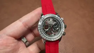 Wholesale Diamond Bezel Chronograph Watch, Skeleton Dial Red Fabric Strap Watch for Men