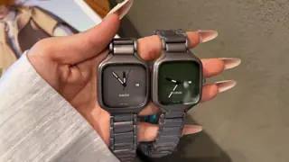 Men's Square Watch Gray and Green Dial Steel Quartz Wristwatch
