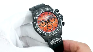Wholesale Carbon Fiber Case Chronograph Watch, Orange Art Dial Tachymeter Bezel Rubber Strap Racing