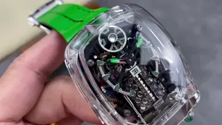 Transparent Case Skeleton Mechanical Watch, Green Rubber Strap Luxury Men Wristwatch Wholesale