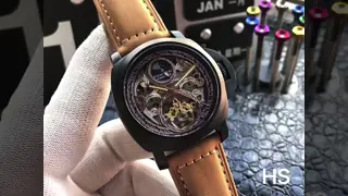 Men's Black Ceramic Cushion Case Skeleton Automatic Watch Gold Engraved Movement Brown Suede Strap