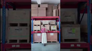 Warehouse display of genuine Atlas Copco spare parts and air compressors