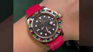 Wholesale Rainbow Gemstone Bezel Watch, Black Dial Red Rubber Strap Sport Watch for Men