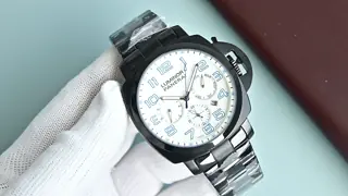 Men's Black PVD Cushion Case Automatic Chronograph Watch White Dial Annual Calendar Steel Bracelet