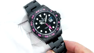 Wholesale Black Case GMT Watch, Black Dial Pink 24H Bezel Pink GMT Hand Steel Watch for Men