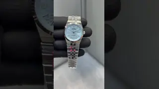 Luxury Ice Blue Textured Dial Watch Date Window Fluted Bezel Steel Bracelet