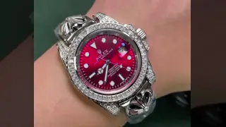 Wholesale Iced Out Diamond Bezel Watch, Red Dial Stainless Steel Luxury Watch for Men