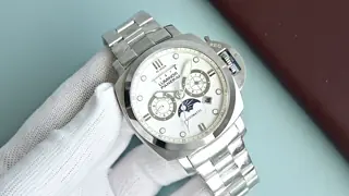Men's Steel Cushion Case Automatic Chronograph Watch White Dial Moonphase Steel Bracelet Wristwatch