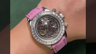 Wholesale Baguette Diamond Bezel Watch, Skeleton Dial Pink Fabric Strap Chronograph Watch