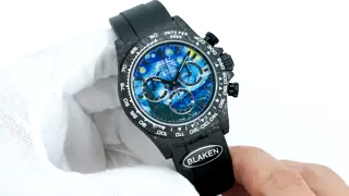 Wholesale Carbon Fiber Case Chronograph Watch, Starry Blue Art Dial Tachymeter Bezel Rubber Strap Ra
