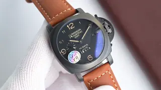 Men's Black Ceramic Cushion Case GMT Automatic Watch 10-Day Power Reserve Black Dial Brown Leather S
