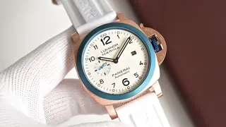 Men's Rose Gold Cushion Case Automatic Watch Blue Ceramic Bezel White Dial White Rubber Strap Wristw