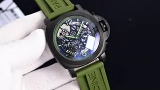 Men's Black Cushion Case Skeleton Automatic Watch Green Dial Green Rubber Strap Tourbillon Wristwatc