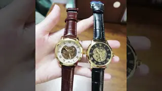 Gold Skeleton Leather Strap Watches White & Black Dial