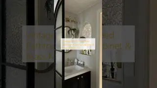 Vintage French Arched Bathroom Vanity Cabinet & Brass Mirror Set