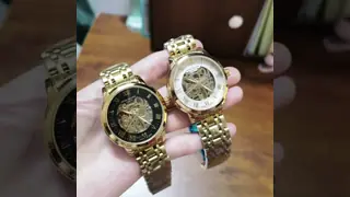 Gold Skeleton Automatic Watches Black & White Dial