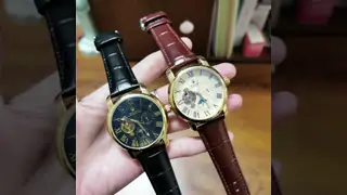Gold Moon Phase Leather Strap Watches Blue & Cream Dial