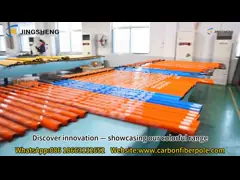 unique, patented design of 60ft multi-colored, painted, anti-rotation telescoping carbon fiber poles