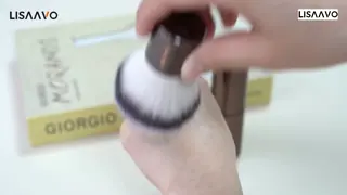 portable palm-sized makeup brush with tri-color nylon bristles and aluminum metal handle for profess