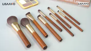 9-piece vintage wooden handle makeup brush set with gold sandblasted aluminum ferrules