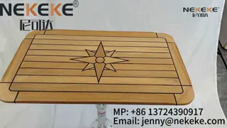 rectangular marine teak table top with star inlay round corners