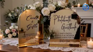gold mirror arched acrylic wedding table sign custom uv printed reception guestbook cards gifts